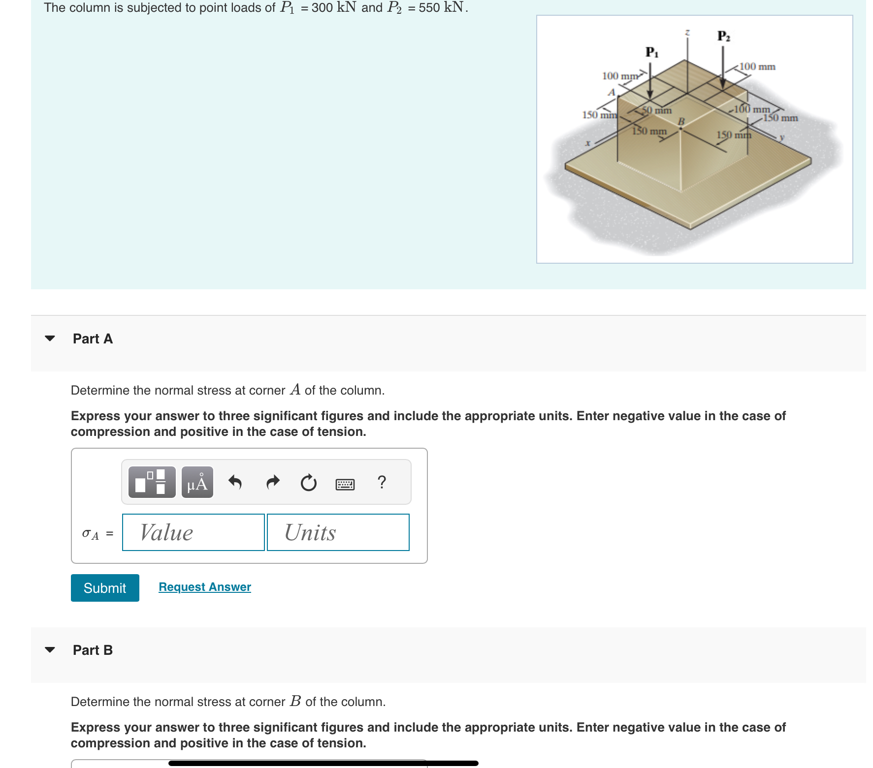 Solved The column is subjected to point loads of P1=300kN | Chegg.com