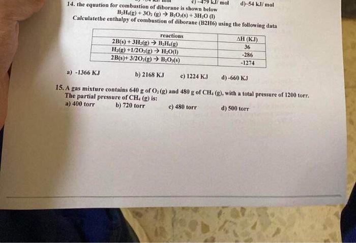 Solved 14 The Equation For Combustion Of Diborane Is Shown