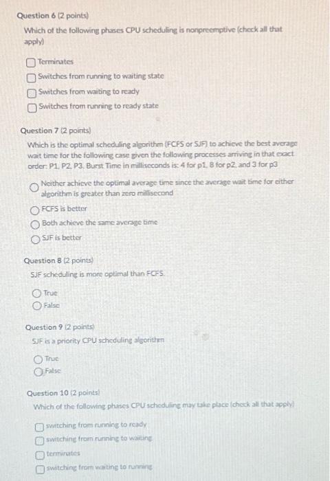 Solved Question 1 (2 points) Soved A CPU burst followed by | Chegg.com