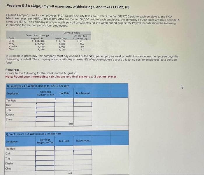 Solved Problem 9.2A (Algo) Entries for payroll transactions | Chegg.com