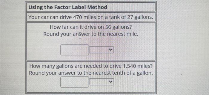 Solved Using the Factor Label Method Your car can drive 470 | Chegg.com