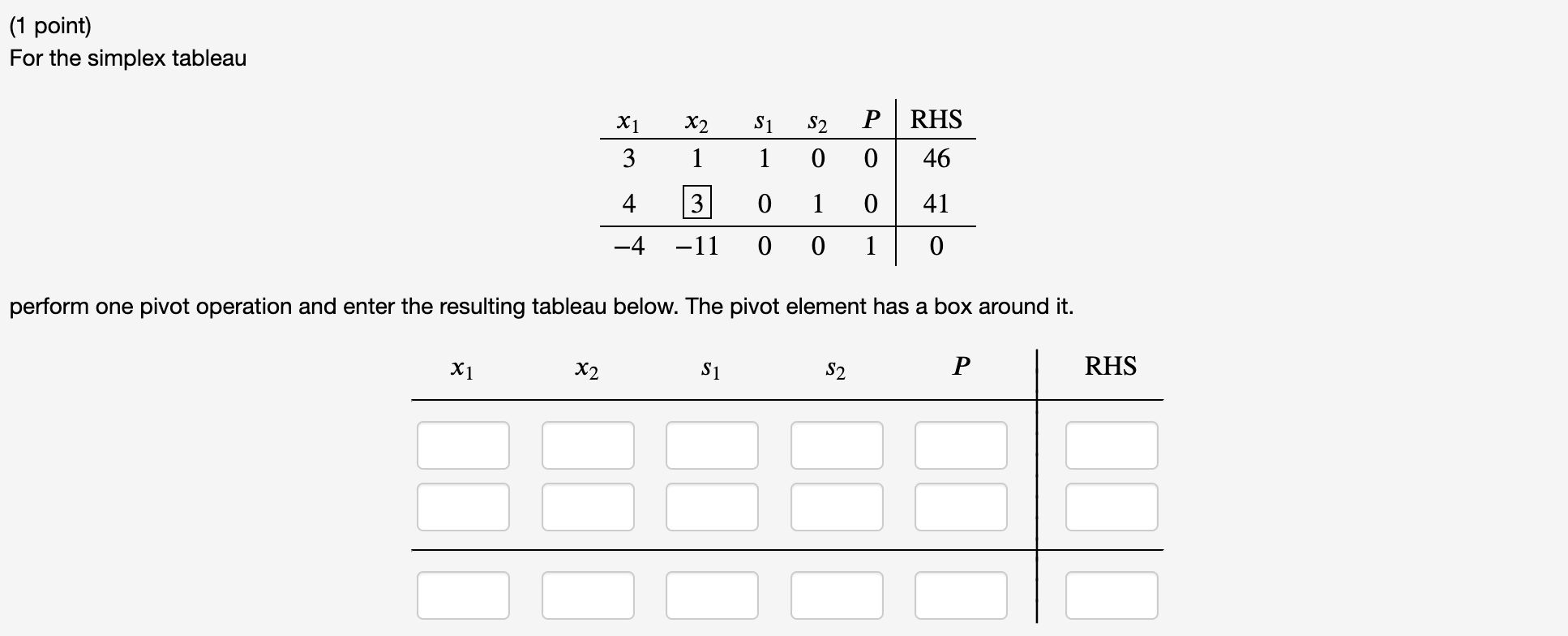 Solved (1 ﻿point)For the simplex tableauperform one pivot | Chegg.com