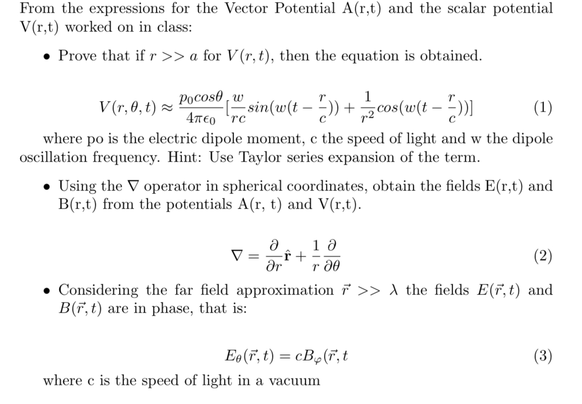 Solved From the expressions for the Vector Potential A(r,t) | Chegg.com
