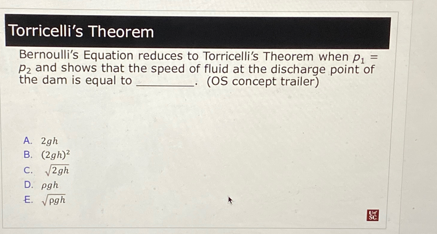 Solved Torricelli's TheoremBernoulli's Equation reduces to | Chegg.com