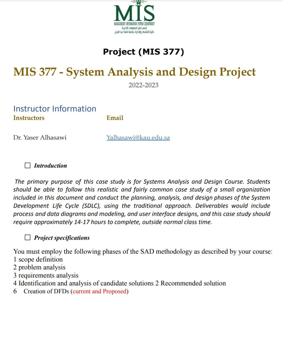 Solved Project (MIS 377) MIS 377 - System Analysis and | Chegg.com