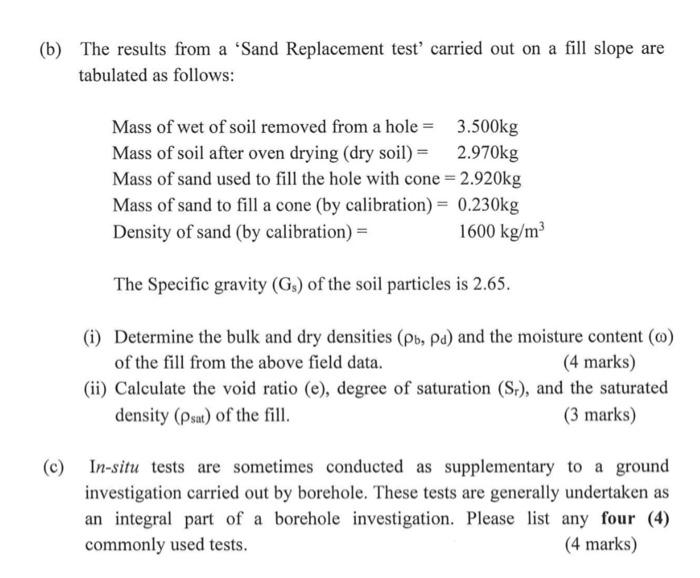 Solved (b) The results from a 'Sand Replacement test' | Chegg.com