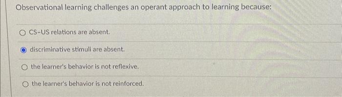 Solved Observational learning challenges an operant approach | Chegg.com