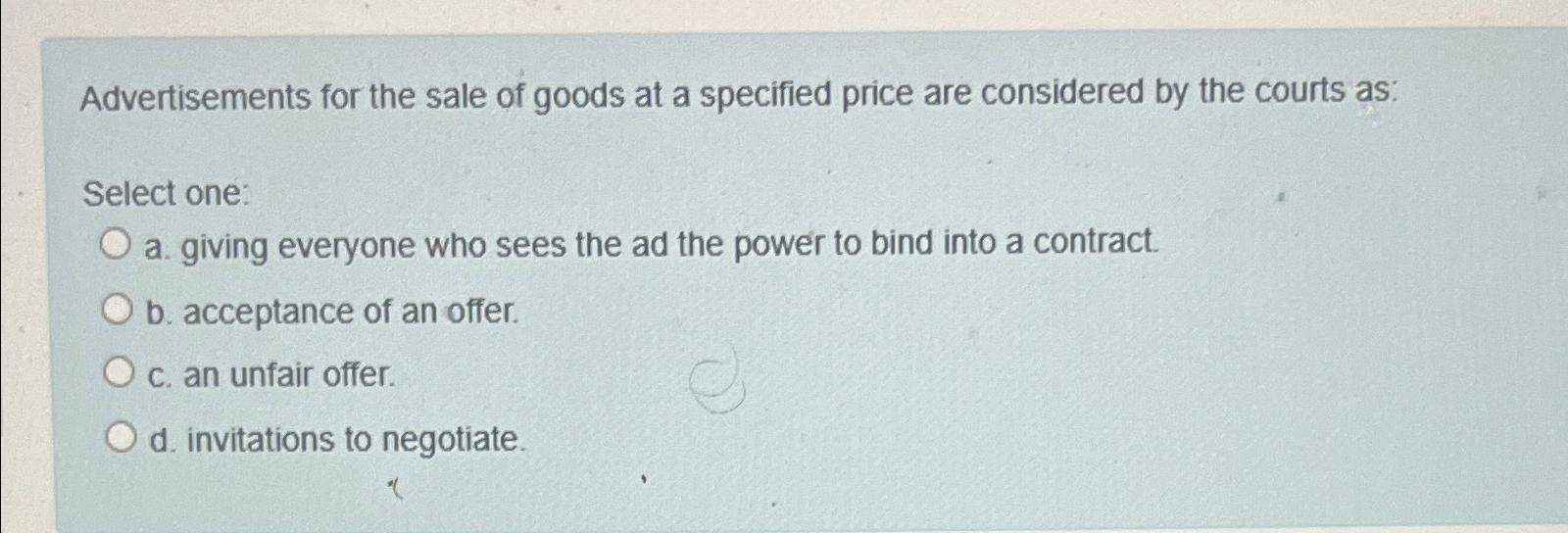 Solved Advertisements for the sale of goods at a specified | Chegg.com