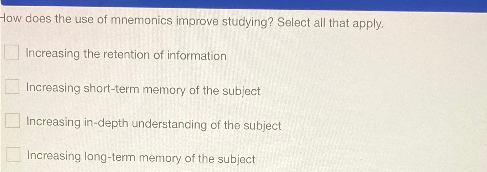 Solved How does the use of mnemonics improve studying? | Chegg.com