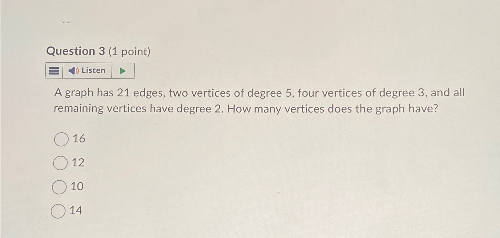 Solved Question 3 (1 ﻿point)ListenA graph has 21 ﻿edges, two | Chegg.com