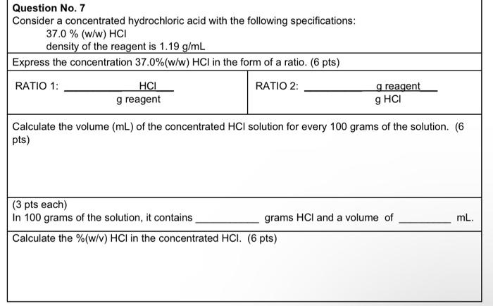 Solved Question No. 7 Consider a concentrated hydrochloric | Chegg.com