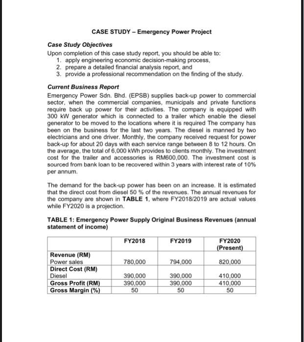 CASE STUDY - Emergency Power Project Case Study | Chegg.com