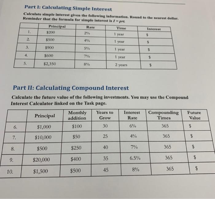 Solved Part I: Calculating Simple Interest Calculate simple | Chegg.com
