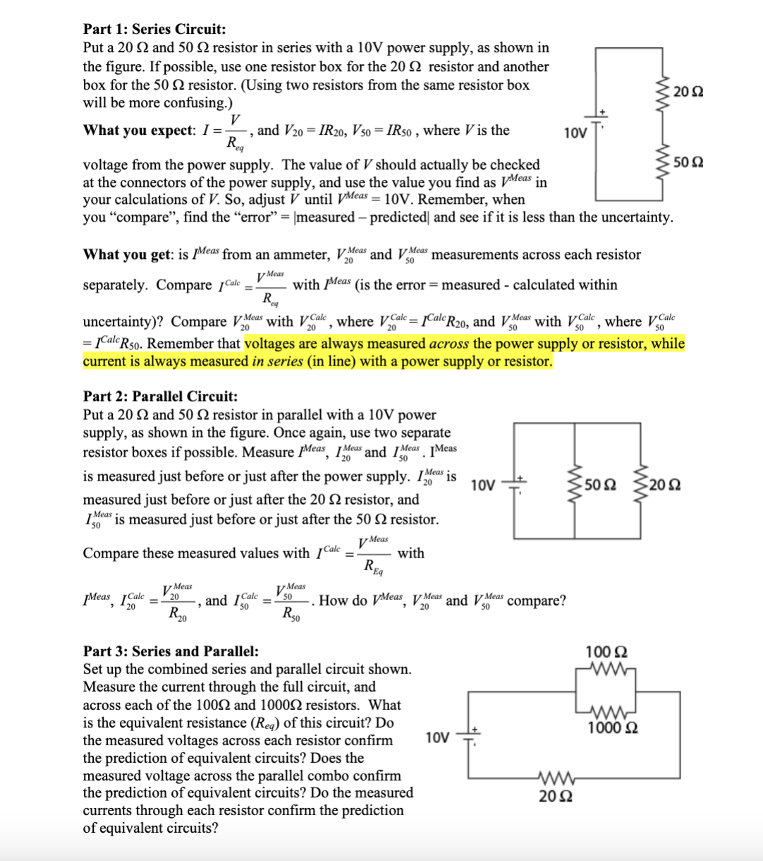 Solved Part 1: Series Circuit:Put a 20Ω ﻿and 50Ω ﻿resistor | Chegg.com