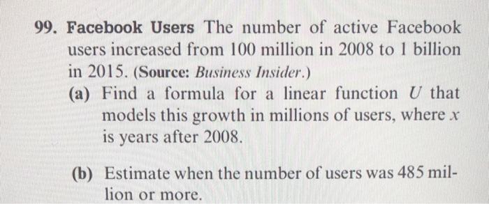 Solved 99. Facebook Users The number of active Facebook | Chegg.com