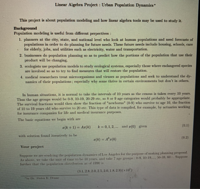 Solved Linear Algebra Project: Urban Population Dynamics | Chegg.com