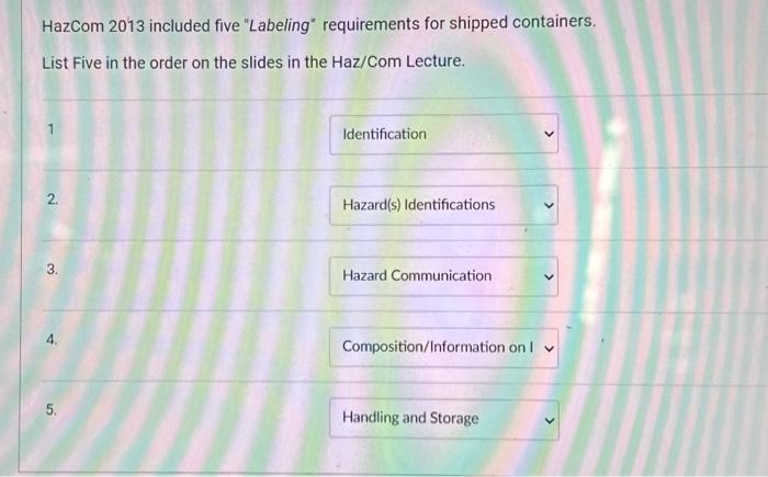 Solved HazCom 2013 included five "Labeling" requirements for | Chegg.com