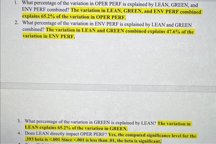 Solved 1. What percentage of the variation in OPER PERF is | Chegg.com