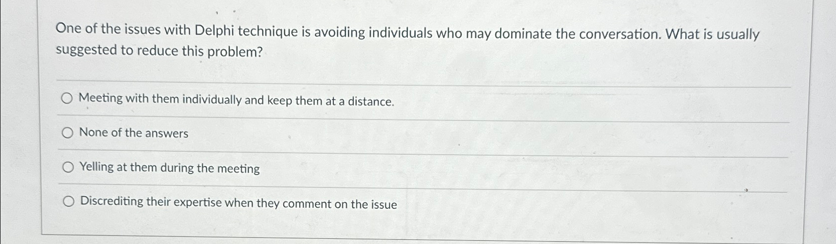 Solved One of the issues with Delphi technique is avoiding | Chegg.com
