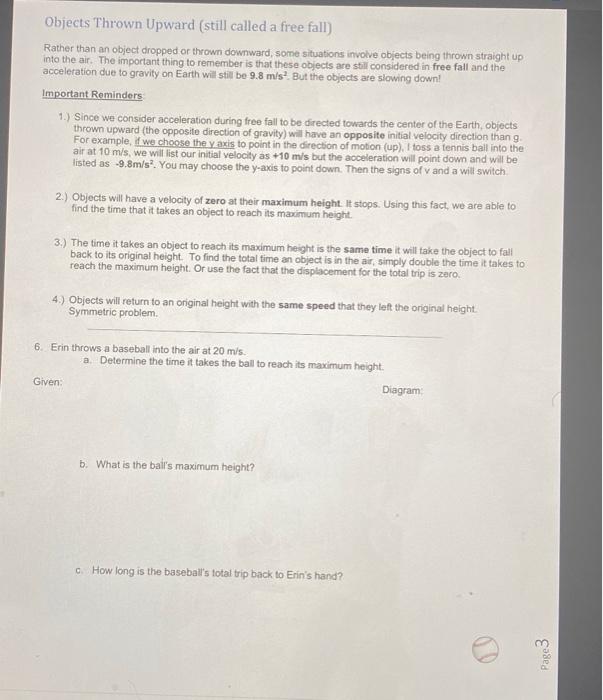 Solved Objects Thrown Upward (still called a free fall) | Chegg.com