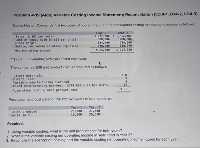 Solved Problem 4-19 (Algo) Variable Costing Income | Chegg.com