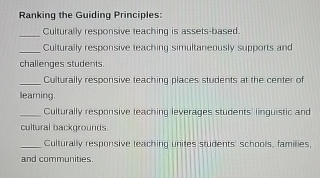 Solved Ranking the Guiding Principles:Culturally responsive | Chegg.com