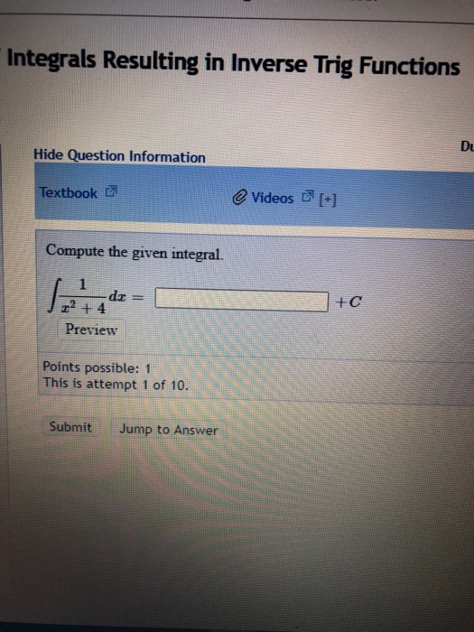 Solved Integrals Resulting in Inverse Trig Functions DL Hide | Chegg.com