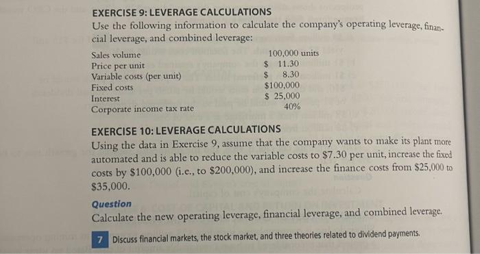 Solved EXERCISE 9: LEVERAGE CALCULATIONS Use the following | Chegg.com