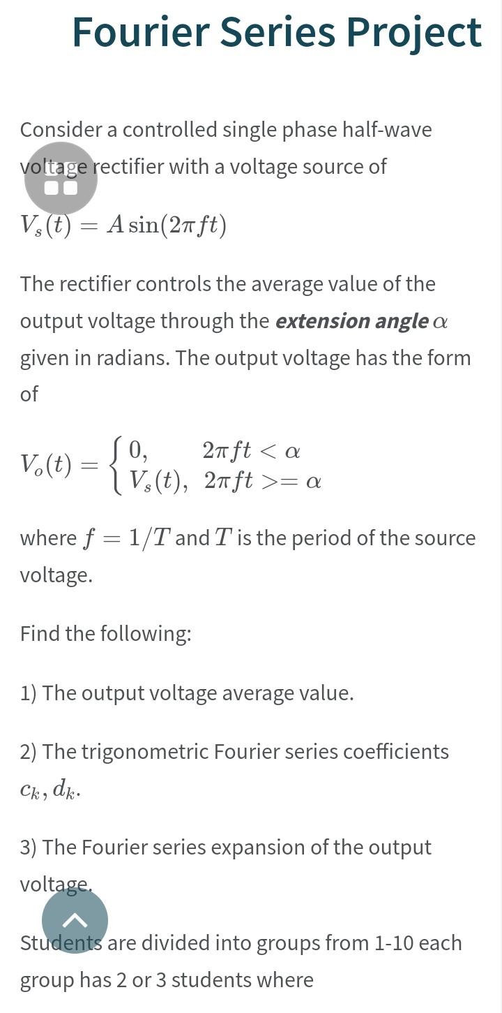 Solved Fourier Series Project Consider a controlled single | Chegg.com