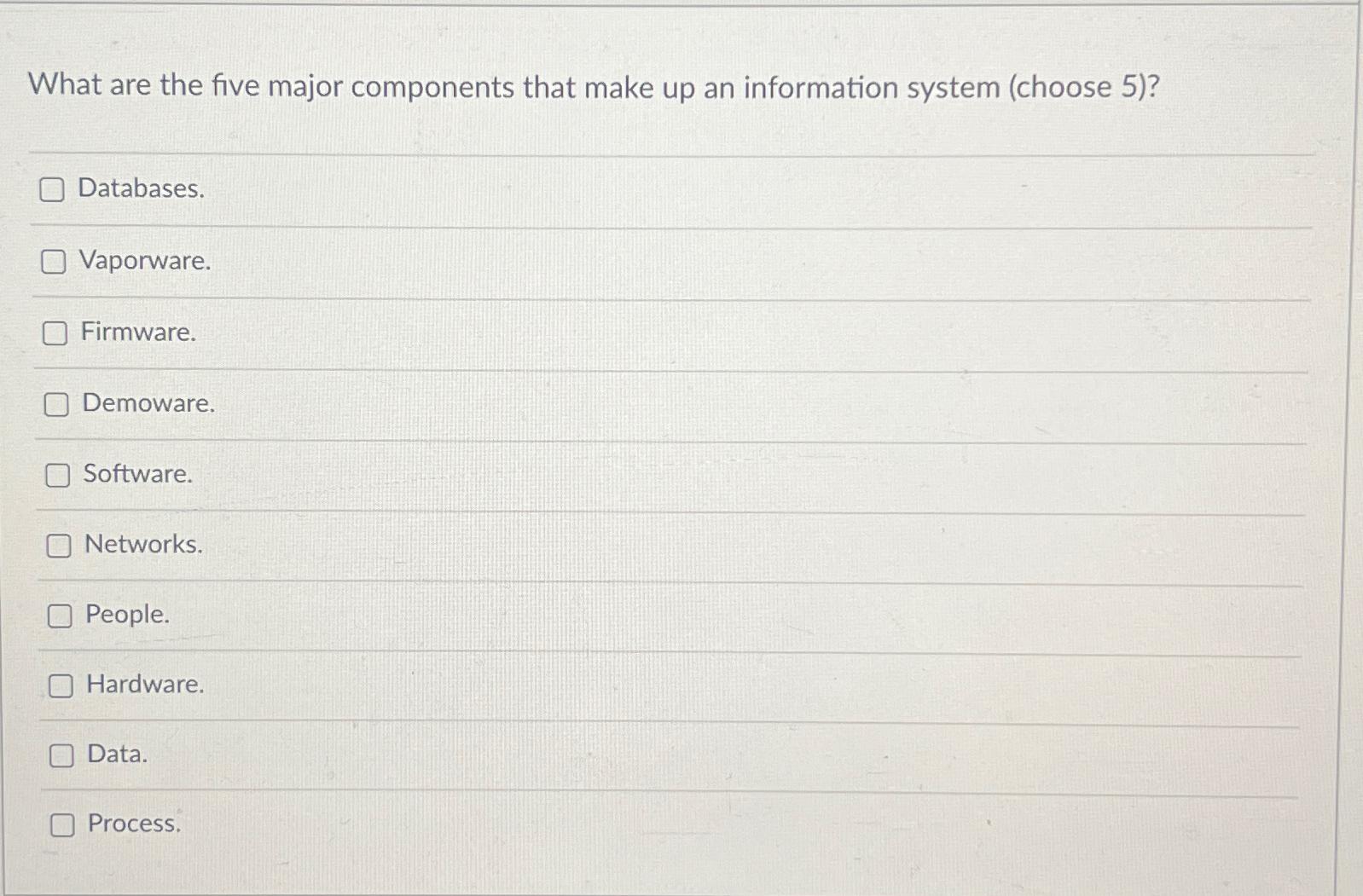 Solved What are the five major components that make up an | Chegg.com