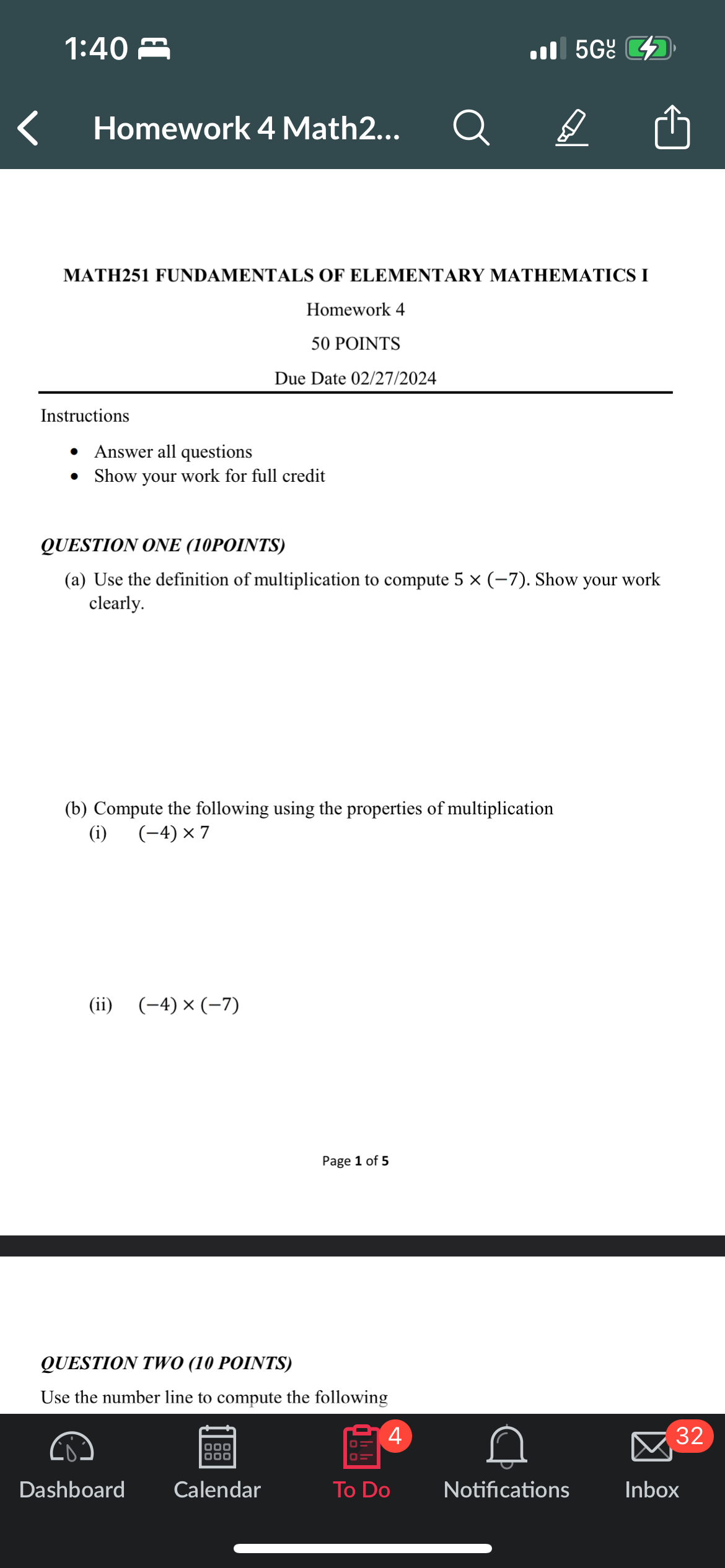 Solved 1:40 珀. 5A (1) [5]Homework 4 ﻿Math2...MATH251 | Chegg.com