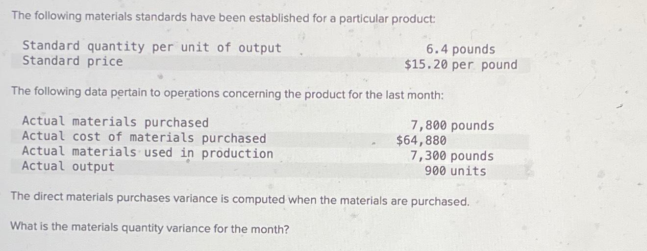 Solved The following materials standards have been | Chegg.com