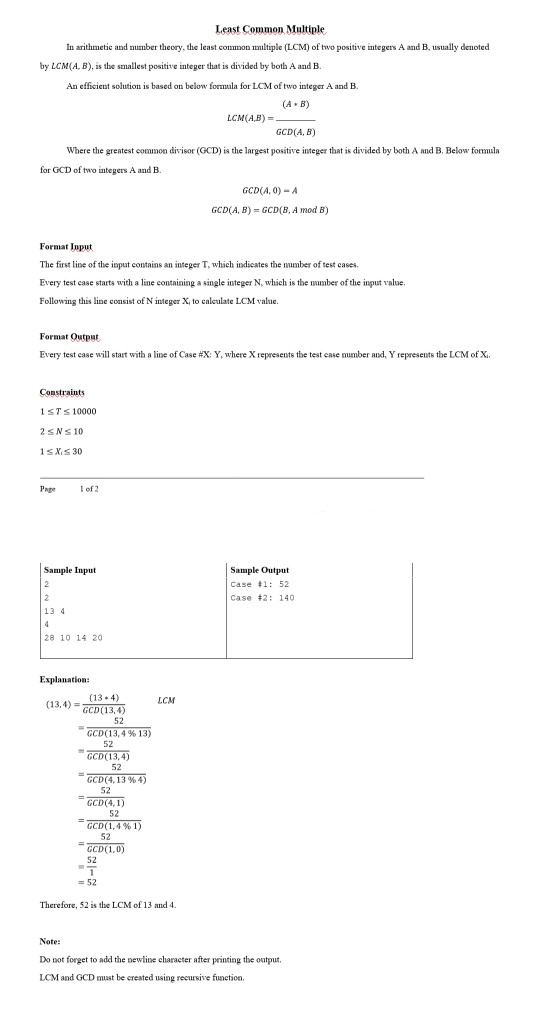 Solved Least Common Multiple In arithmetic and number | Chegg.com