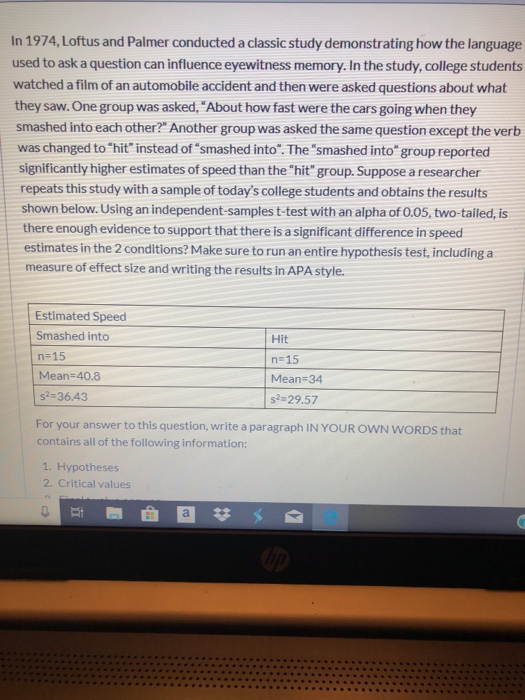 Solved In 1974, Loftus and Palmer conducted a classic study | Chegg.com