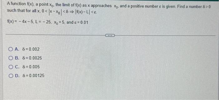 Solved A function f(x), a point x0, the limit of f(x) as x | Chegg.com