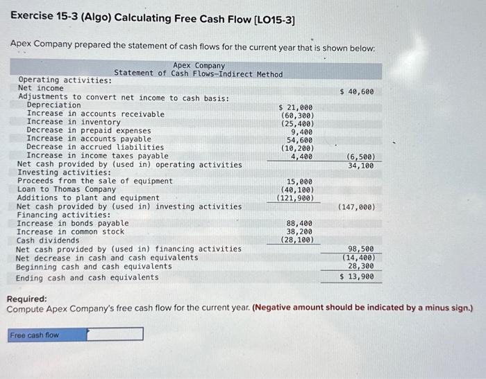 Solved Exercise 15-3 (Algo) Calculating Free Cash Flow | Chegg.com