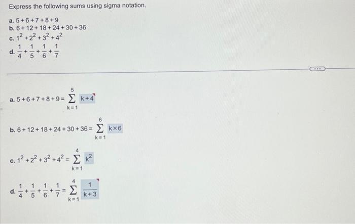 Solved Express the following sums using sigma notation. a. | Chegg.com