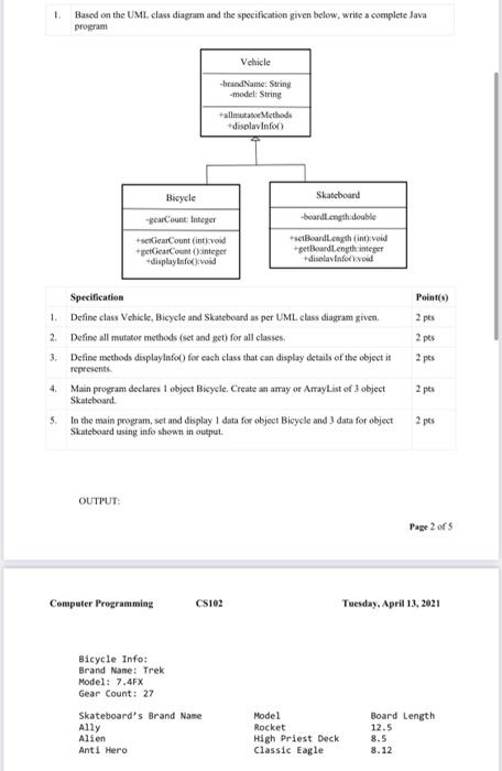 Solved 1. Based on the UML class diagram and the | Chegg.com