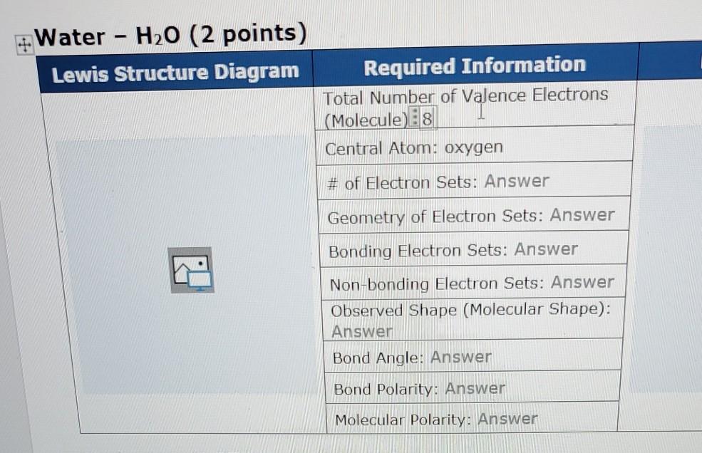 Solved Water - H20 (2 points) Lewis Structure Diagram | Chegg.com
