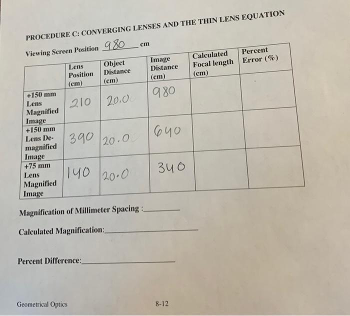 Solved PROCEDURE C: CONVERGING LENSES AND THE THIN LENS | Chegg.com