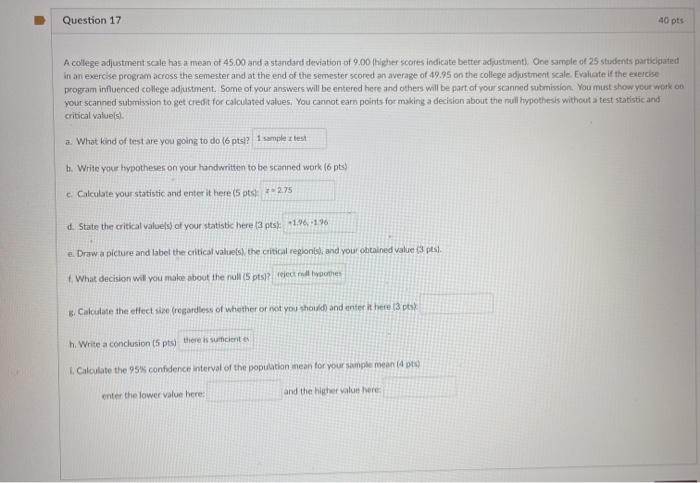 Solved Question 17 40 pts A college adjustment scale has a | Chegg.com