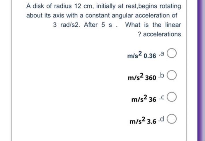 Solved A disk of radius 12 cm, initially at rest, begins | Chegg.com