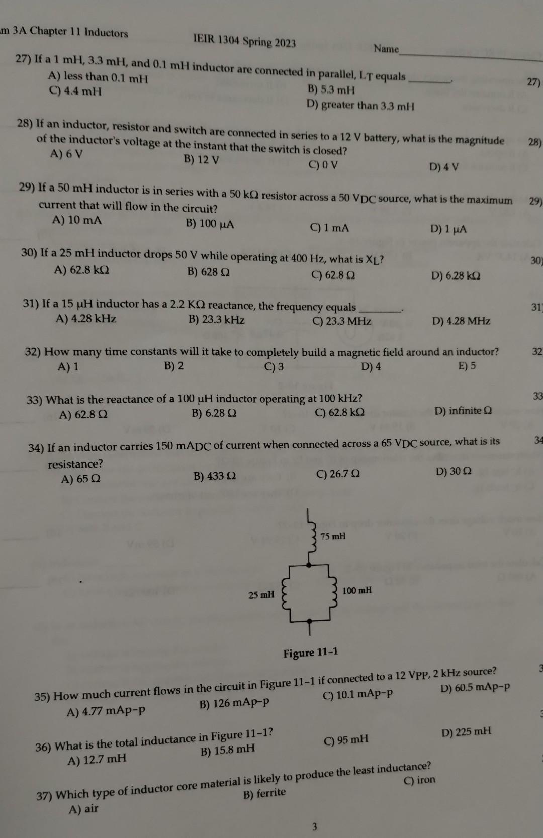 Solved m A Chapter 11 Inductors IEIR 1304 Spring 2023 Name | Chegg.com