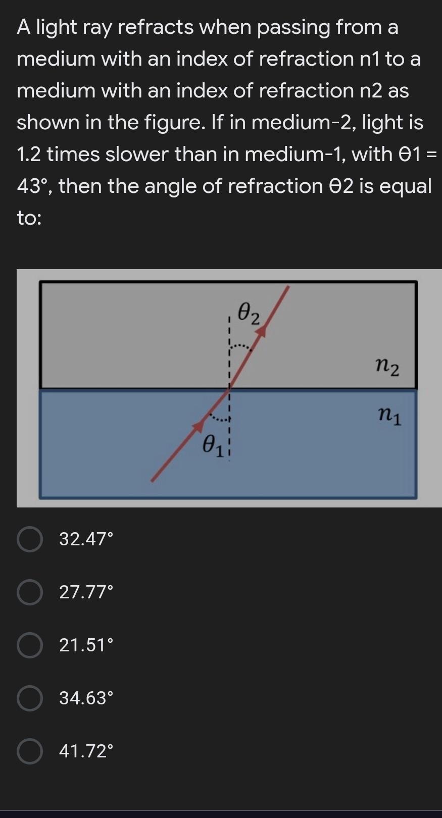 Solved A light ray refracts when passing from a medium with | Chegg.com