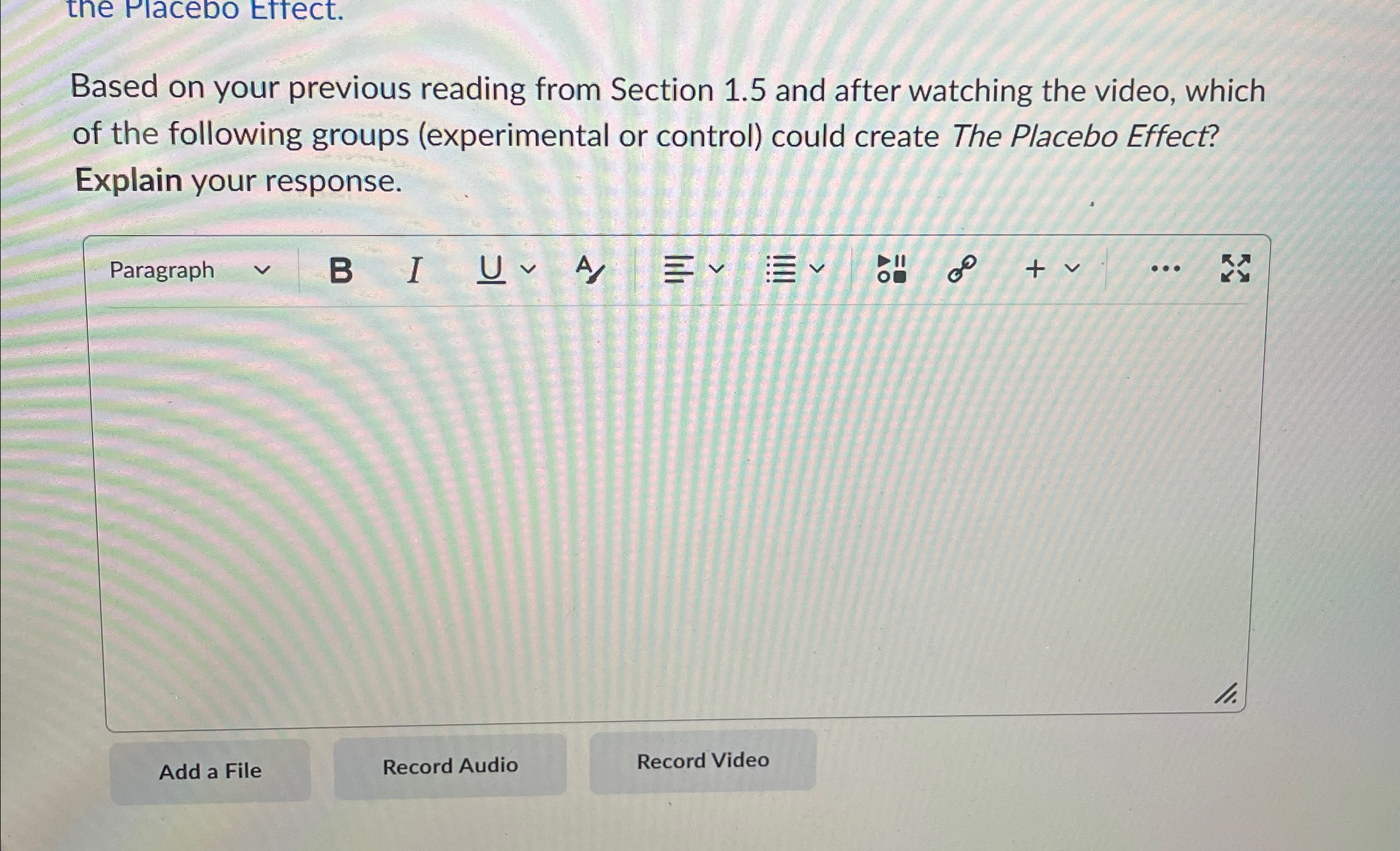Solved the Placebo Effect.Based on your previous reading | Chegg.com