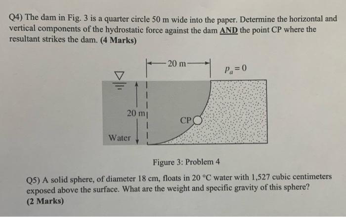 Solved Q4) The dam in Fig. 3 is a quarter circle 50 m wide | Chegg.com