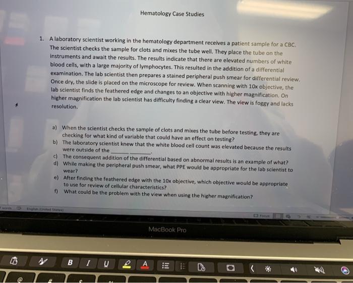 Hematology Case Studies 1. Alaboratory scientist | Chegg.com