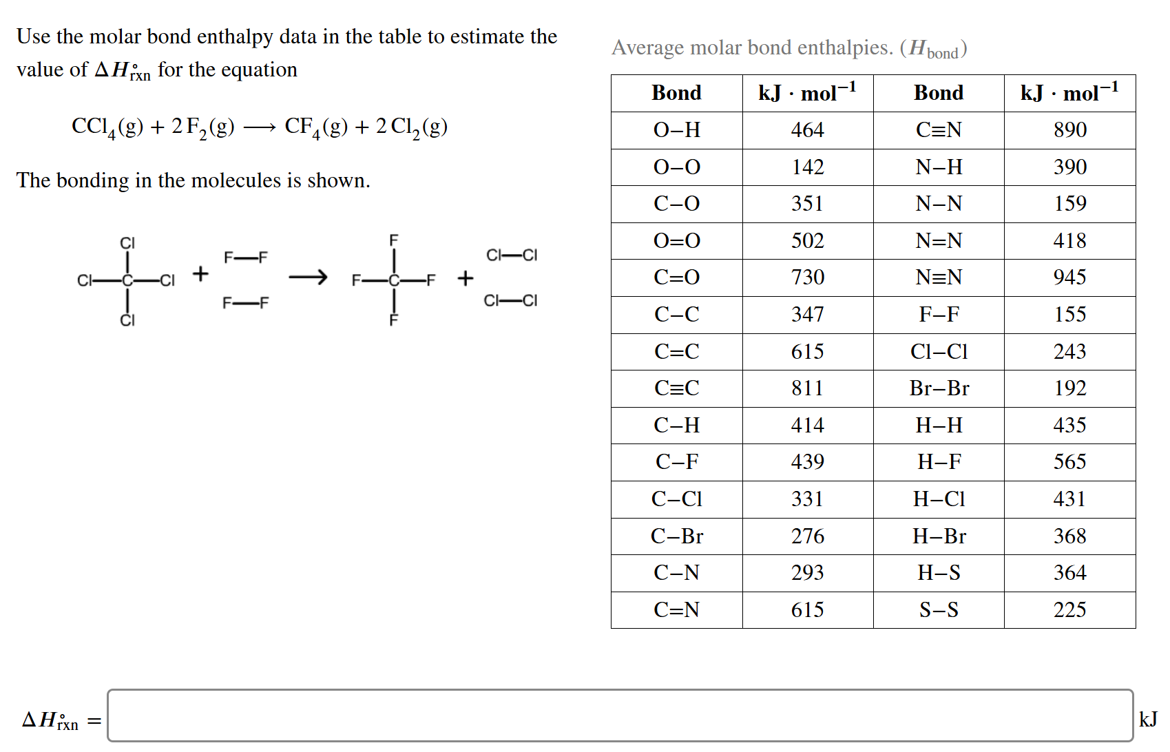 Solved Use the molar bond enthalpy data in the table to | Chegg.com