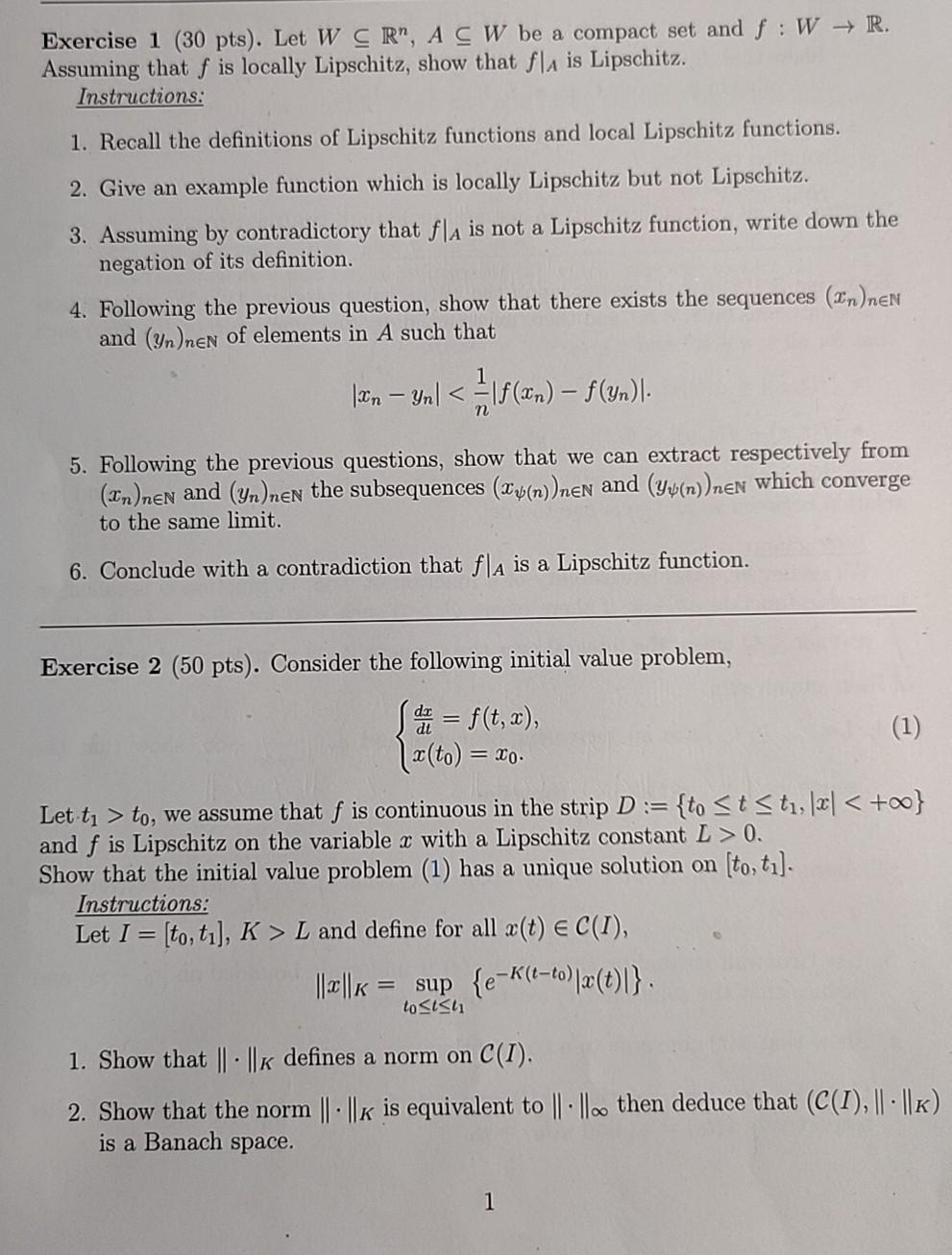 Solved Exercise 1 (30 pts). Let W⊆Rn,A⊆W be a compact set | Chegg.com