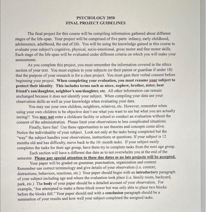 PSYCHOLOGY 2050 FINAL PROJECT GUIDELINES The final | Chegg.com